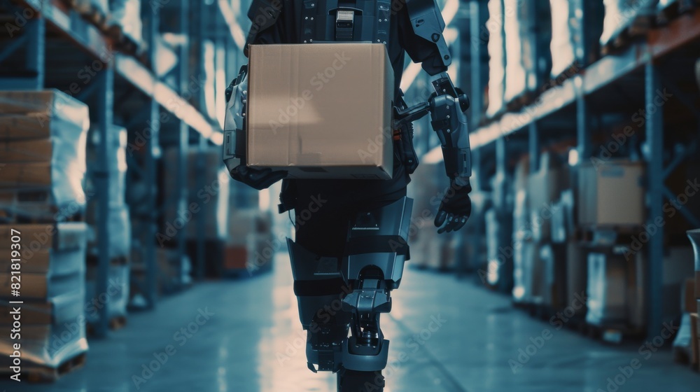 Worker wearing advanced exoskeletons walks with heavy cardboard box in ...
