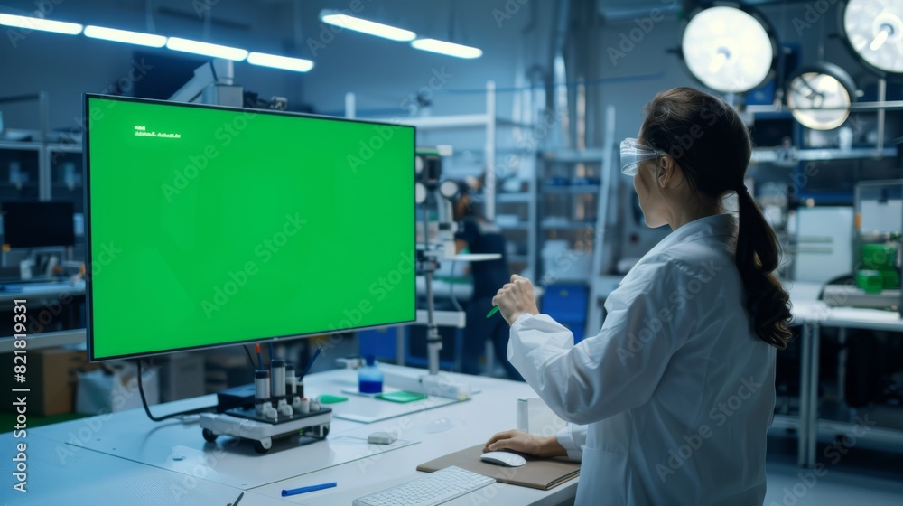 Engineers and managers examine a green mock-up screen whiteboard at a ...