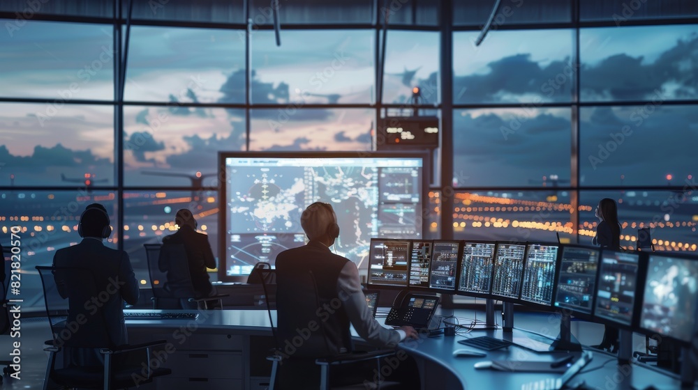 Various Air Traffic Control Teams working in a Modern Airport Tower ...