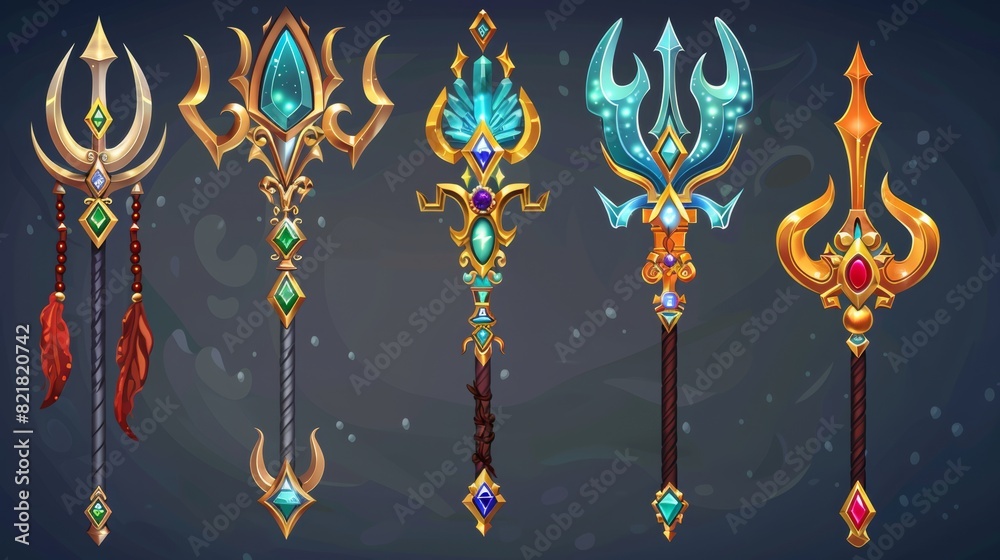 Fantastic harpoon or trishul decorated with jewelry with magic power ...