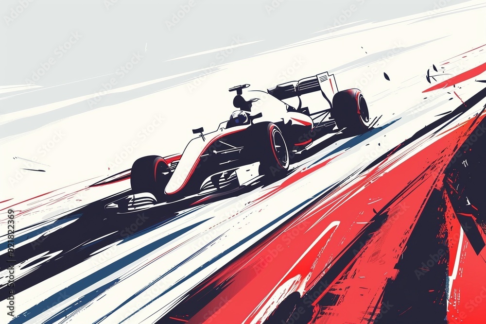 A minimalist F1 race car poster featuring sharp geometric shapes and ...