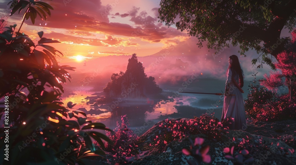Stunning sunset scenery on a 3D RPG mock-up. Female character fighting ...