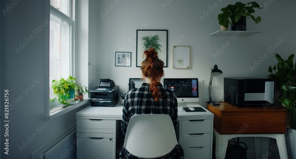 A photo shows the backside of a woman sitting at her desk. She is ...
