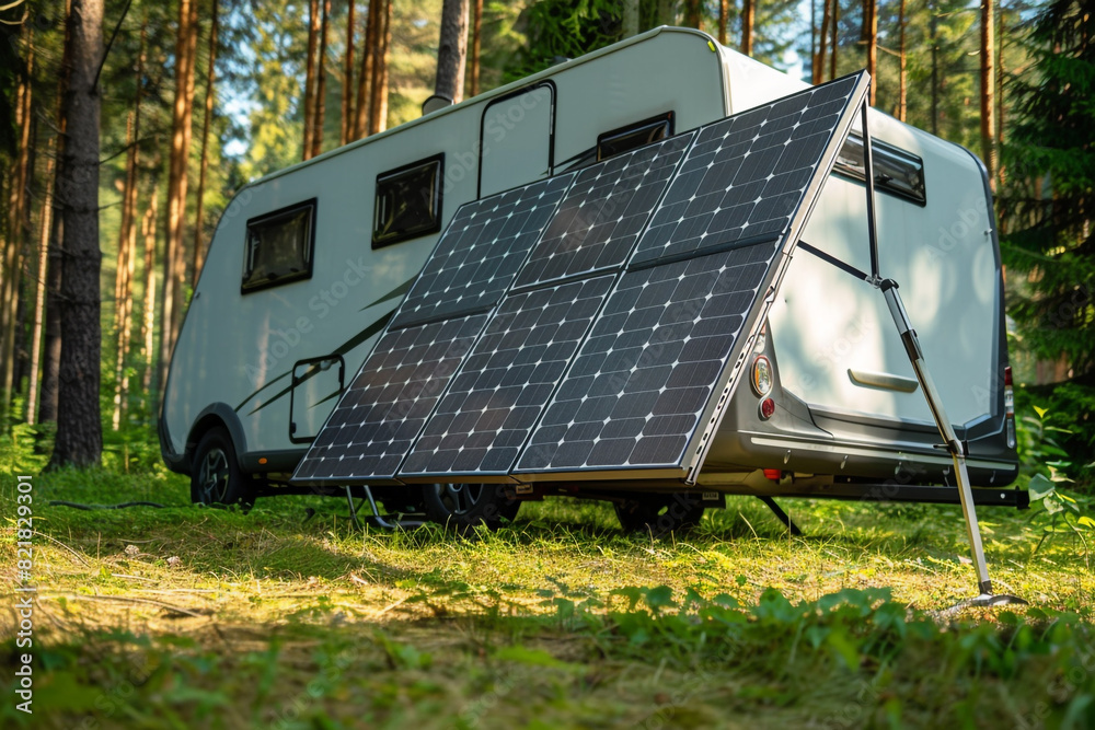 Solar panel charge RV battery enabling camping in nature Stock Photo ...