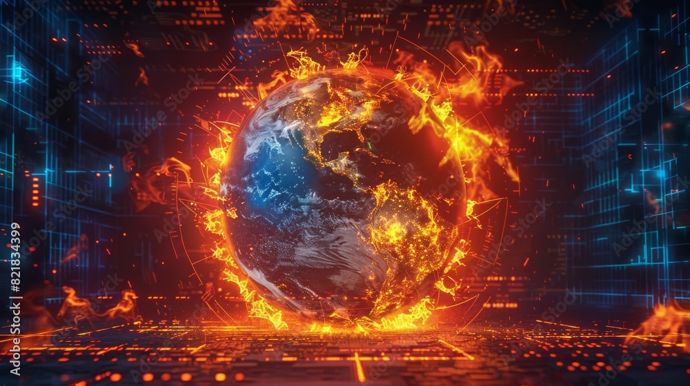 World globe burning into flames, America destroyed by fire, conceptual ...