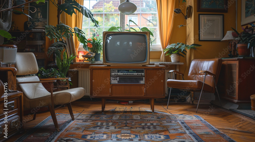 An old-fashioned wooden television set, its cathode-ray tube glowing ...