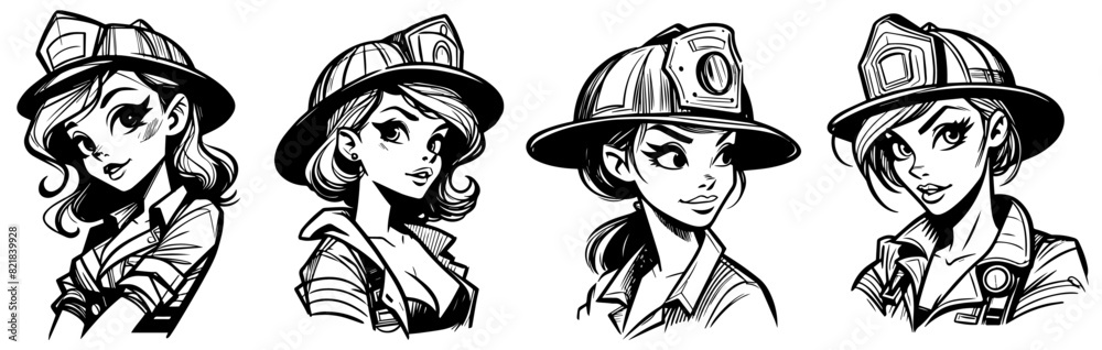firefighter pin-up girl, beauty woman, black and white vector with ...