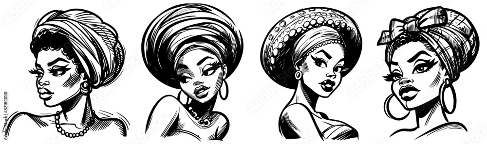 african pin-up girl, beauty woman, black and white vector with ...