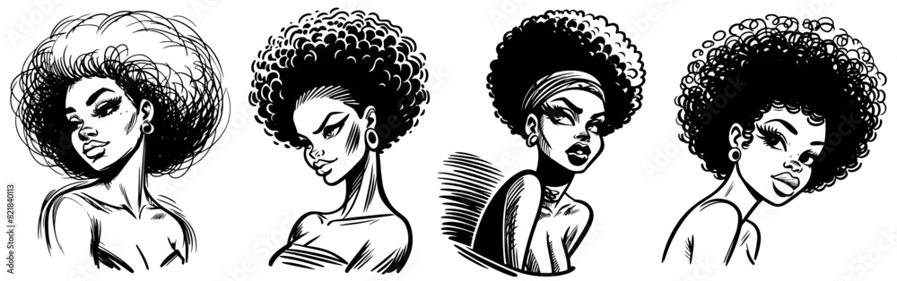 african pin-up girl, beauty woman, black and white vector with ...