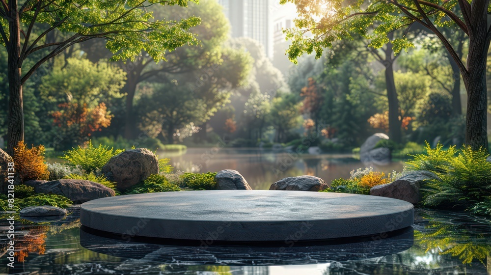 Modern glass podium stage with lively urban park background Suitable ...