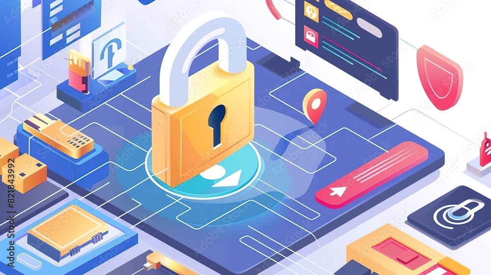 Isometric illustration of a closed padlock with glowing blue lines ...
