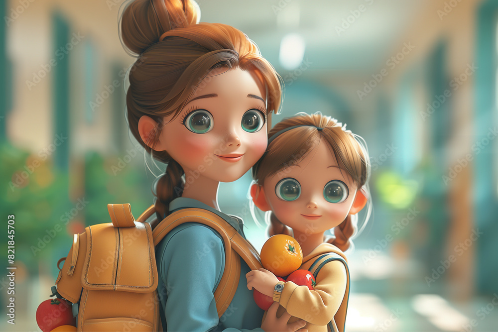 Cartoon Characters mother leads a little child school girl in first ...