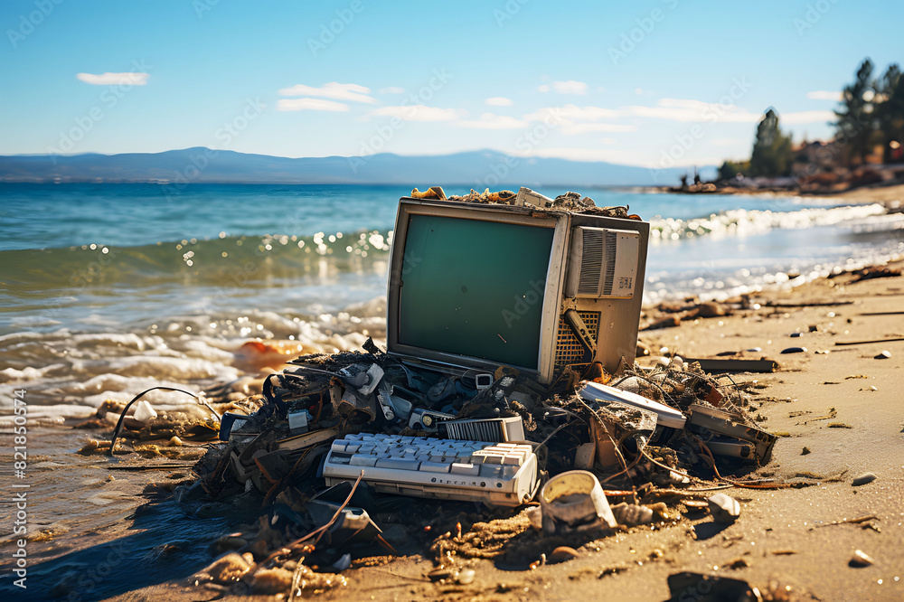 Electronic waste leave beach by the sea. washed up crt tv tube tv on ...