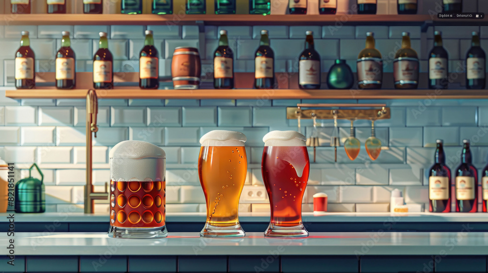 A selection of beers with frothy heads on a bar counter in a cozy pub ...