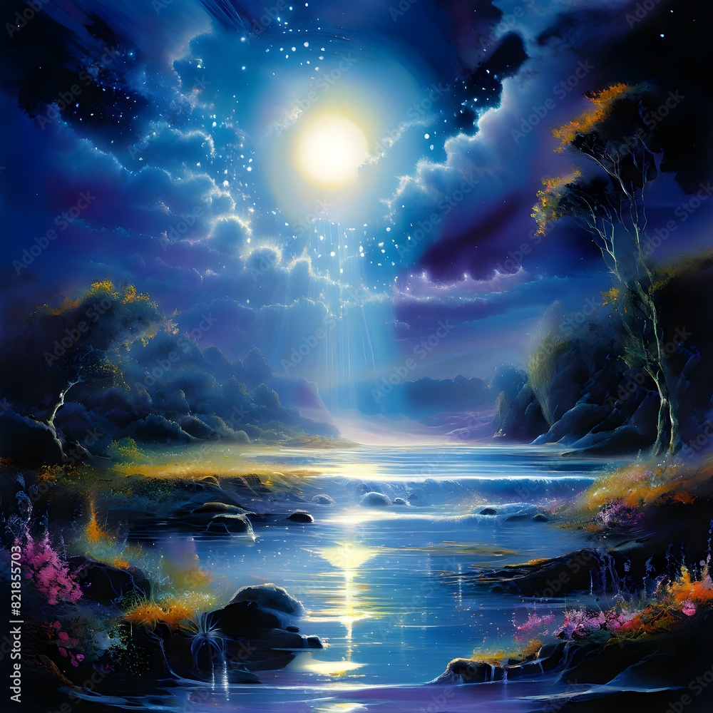 watercolor background depicting a magical fairy glen under the blue ...