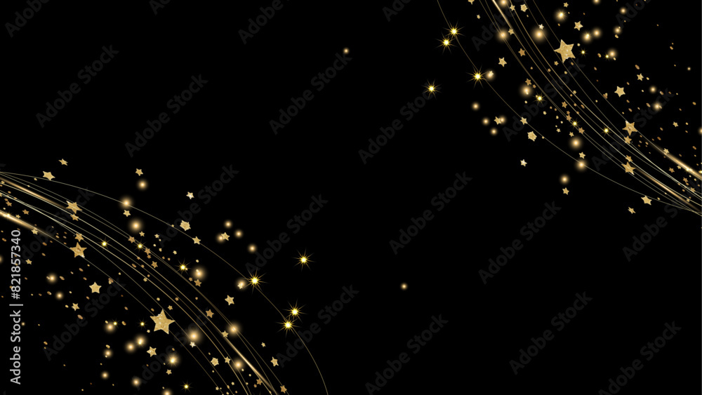 Glitter golden star and lightwave. Golden Holiday banner with glow particle. Sparkle gold bokeh ...