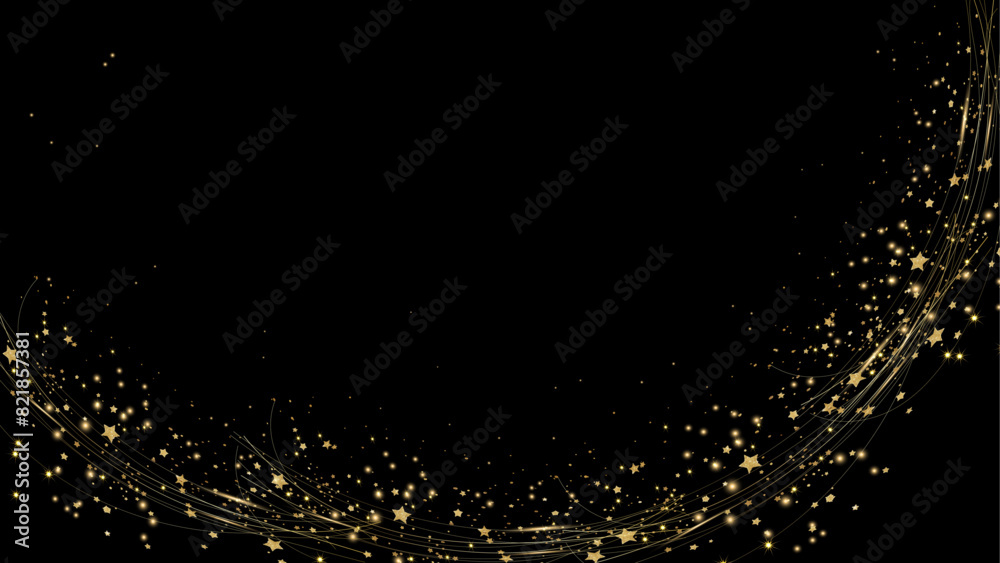 Glitter golden star and lightwave. Golden Holiday banner with glow particle. Sparkle gold bokeh ...