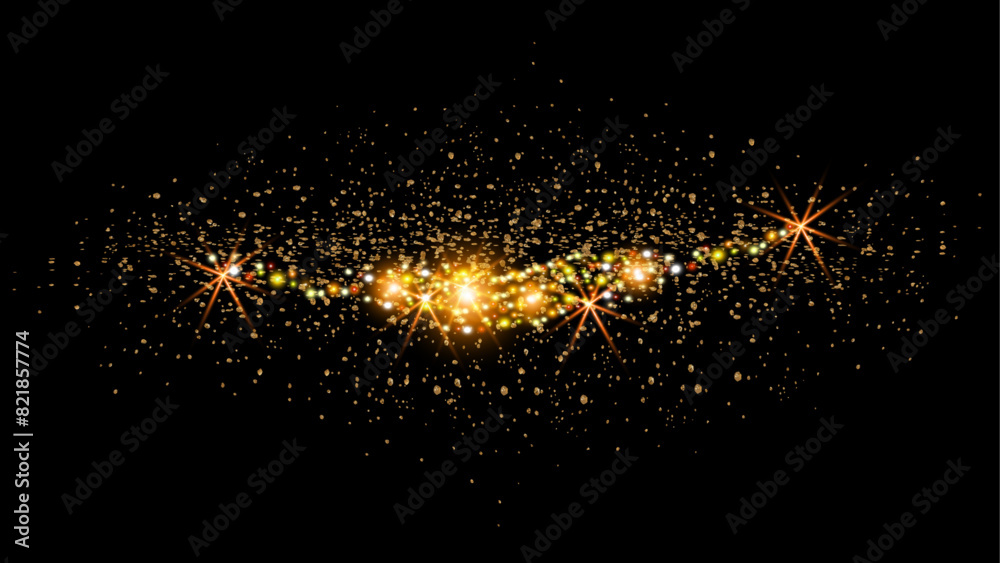 Glitter golden star and lightwave. Golden Holiday banner with glow particle. Sparkle gold bokeh ...