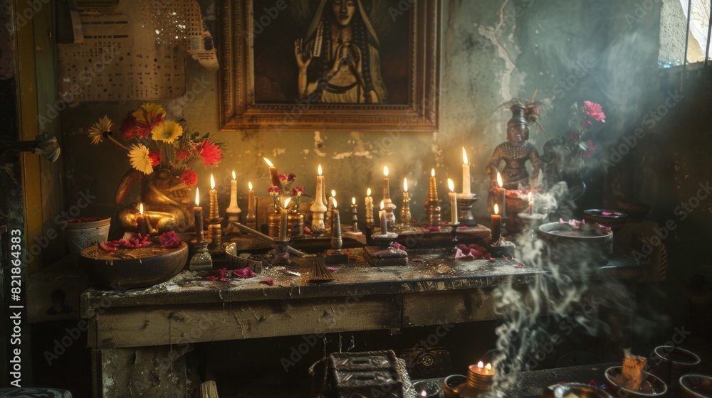 A gothic interior of a vampire castle of Transylvania, lit by candles ...