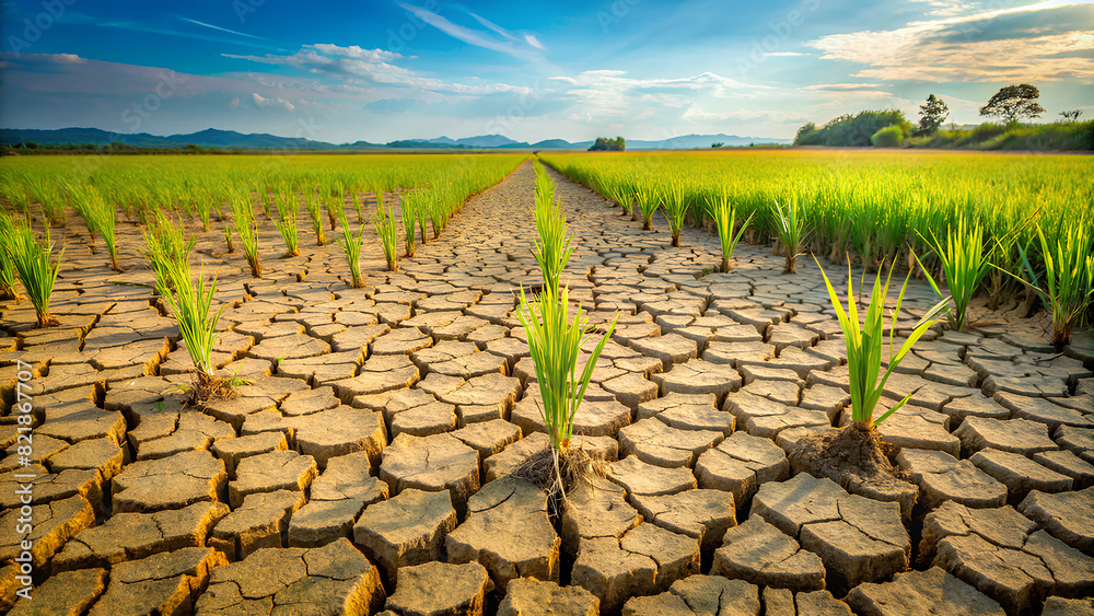 Rice field no water ,environment hot season. Dry cracked soil with rice ...