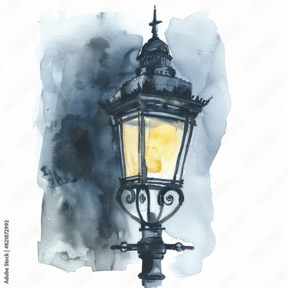 Watercolor painting of an old-fashioned street lamp glowing softly in ...