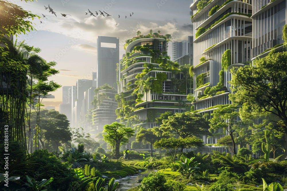 Sustainable urban design project concept Green cityscape, including eco ...