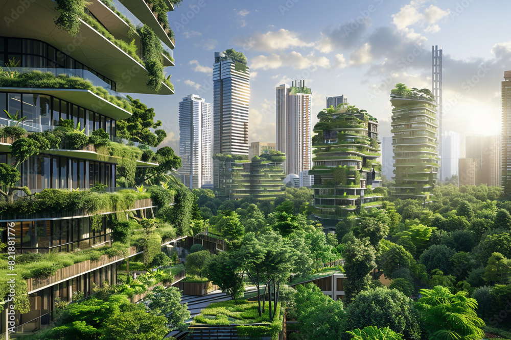 Sustainable urban design project concept Green cityscape, including eco ...