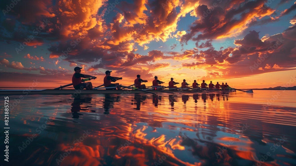 Skilled rowers sync strokes perfectly beneath a dramatic sunset ... Skilled rowers sync strokes perfectly beneath a dramatic sunset ...