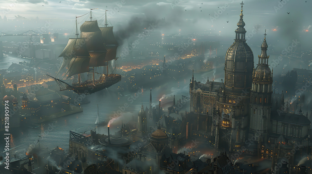 steampunk air city, floating city, sky city, airborne metropolis, cloud ...