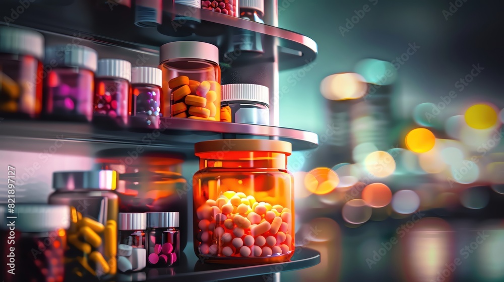 A 3D model of an open medicine cabinet filled with different types of ...