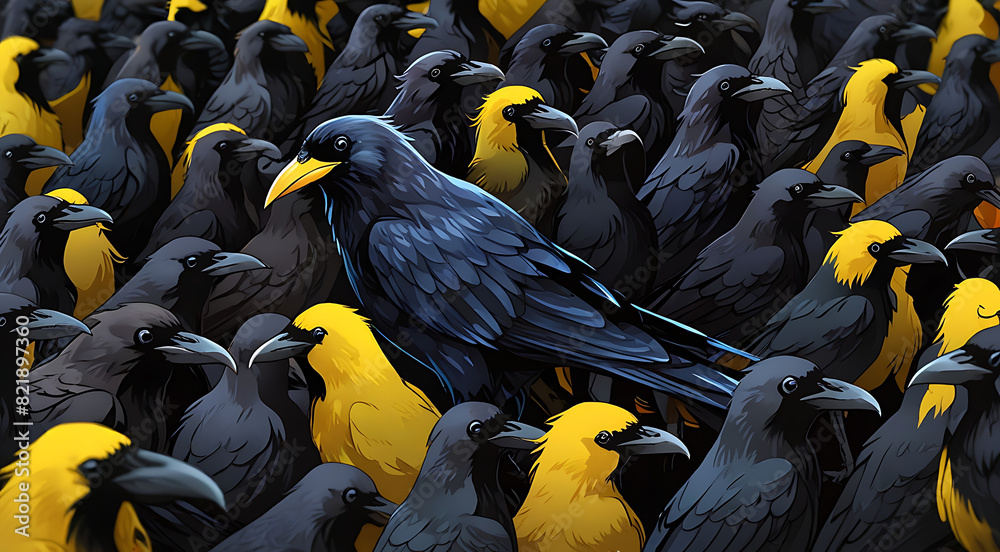 A single yellow crow among a crowd of black crows, concept of standing ...