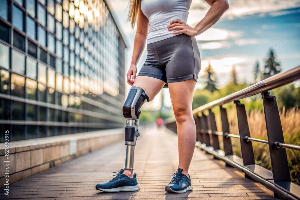 Satisfied woman with artificial limb. High tech bionic prosthetic leg ...