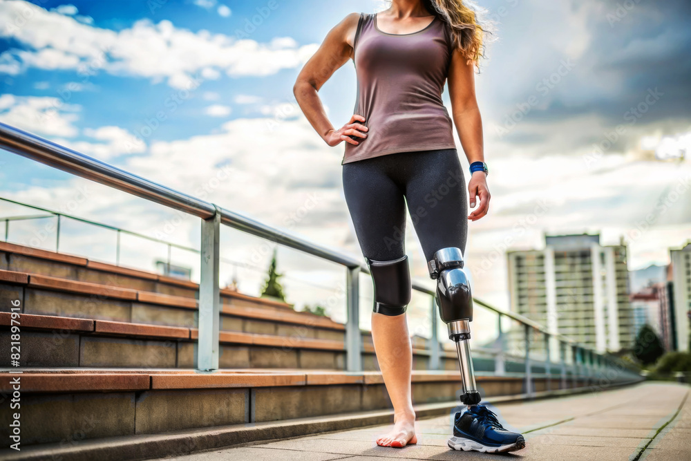 Satisfied woman with artificial limb. High tech bionic prosthetic leg ...