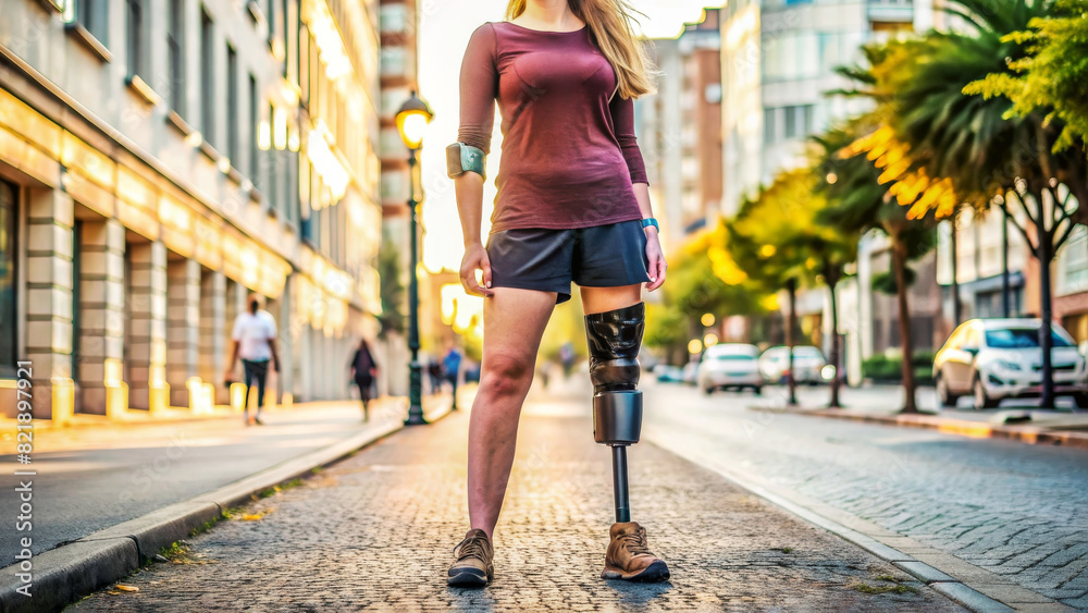Satisfied woman with artificial limb. High tech bionic prosthetic leg ...