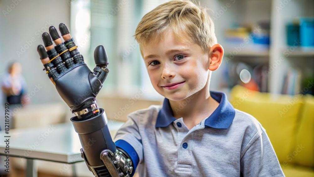 Happy kid boy satisfied with artificial limb. High tech prosthetic arm ...