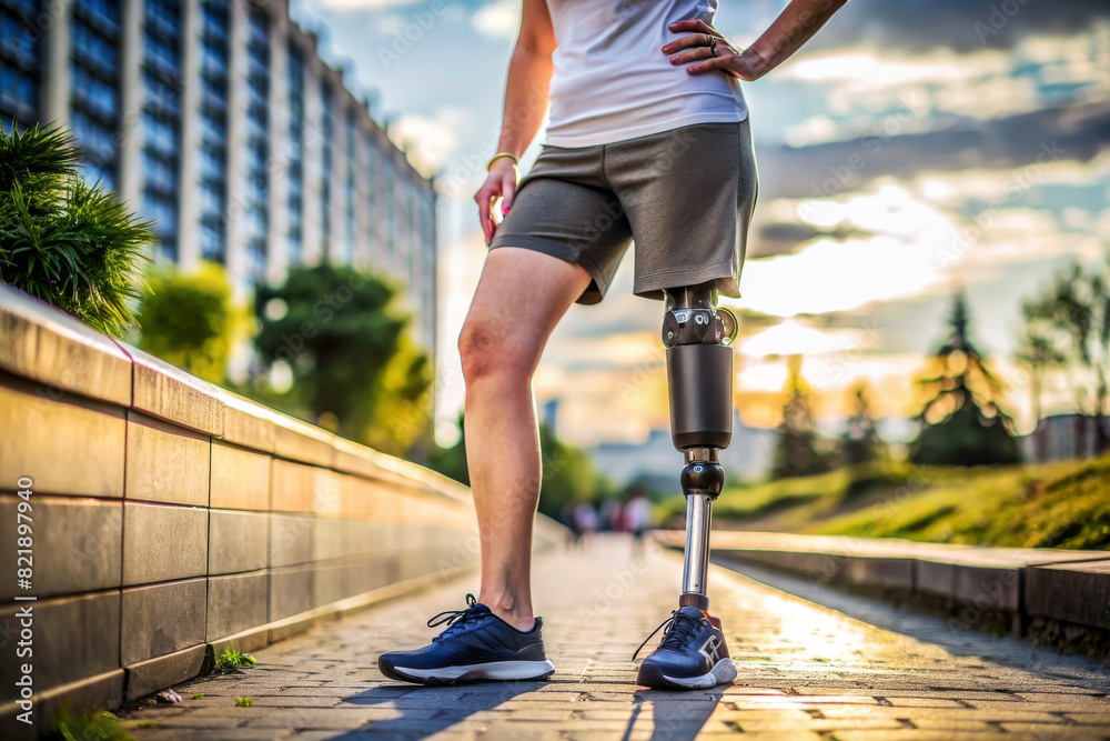 Satisfied woman with artificial limb. High tech bionic prosthetic leg ...