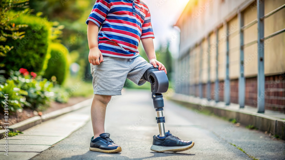 Disabled boy with prosthetic limb. High tech bionic prosthetic leg ...