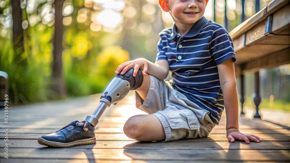 Disabled boy with prosthetic limb. High tech bionic prosthetic leg ...