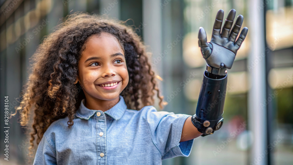 Smiling black kid girl satisfied with artificial limb. High tech ...