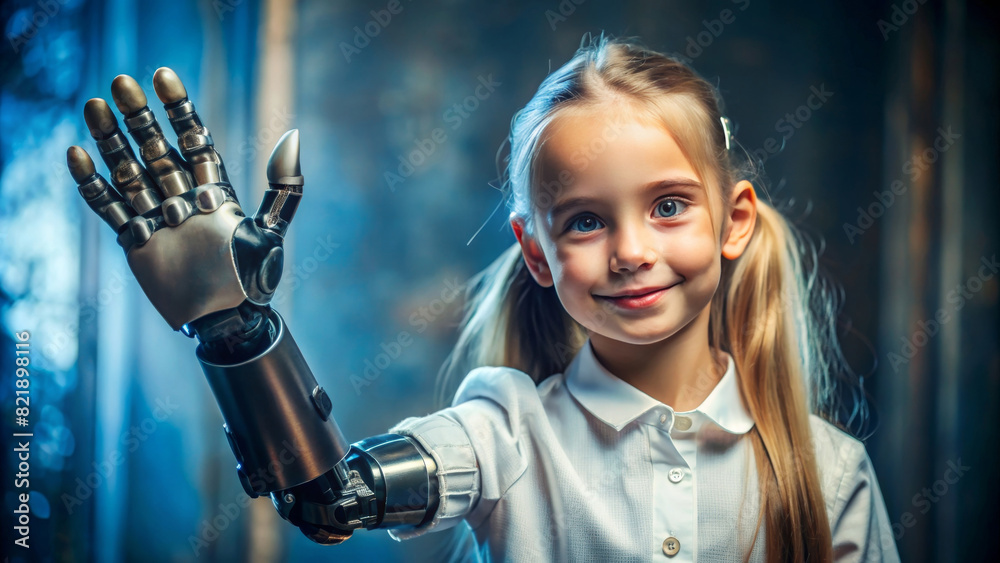 Smiling kid girl satisfied with artificial limb. High tech prosthetic ...