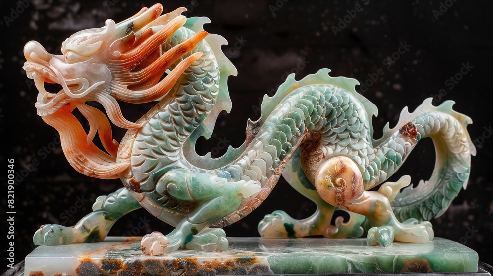 Small handmade Chinese jade dragon statue on black background. Chinese ...