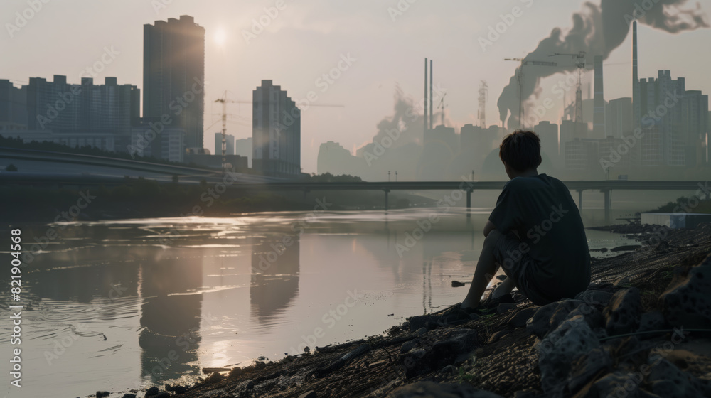 Smog in the city. The concept of environmental pollution. A boy sits on ...