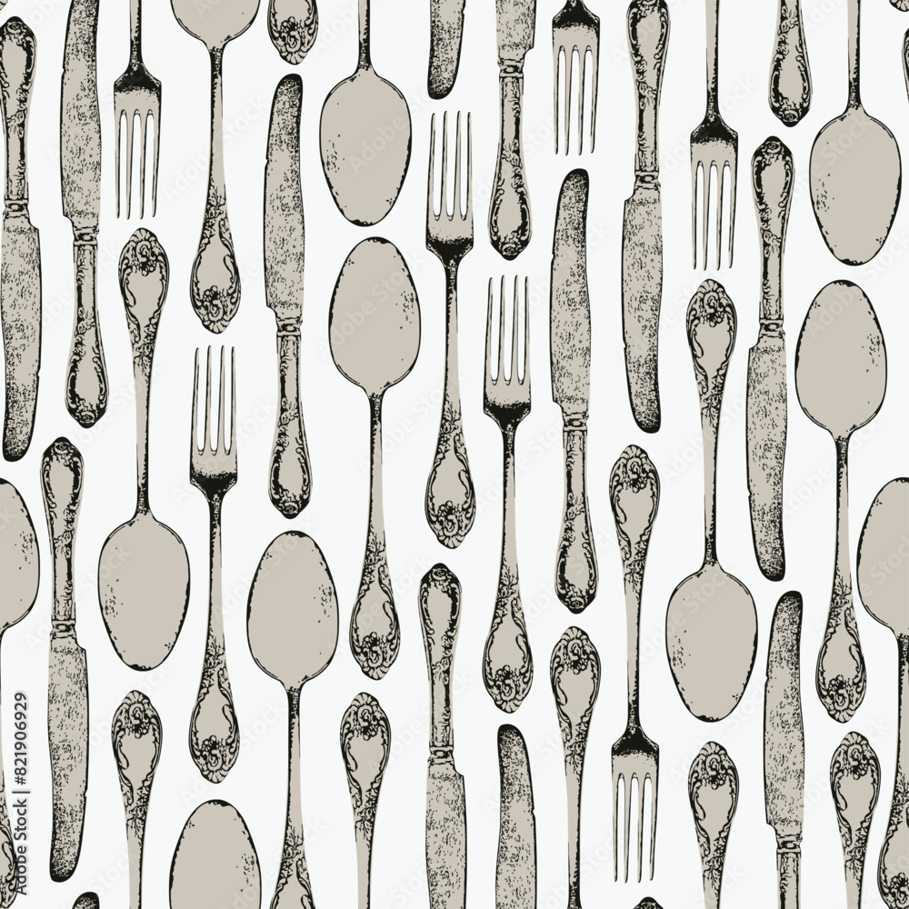 seamless pattern with realistic cutlery fork spoon and knife in vintage ...