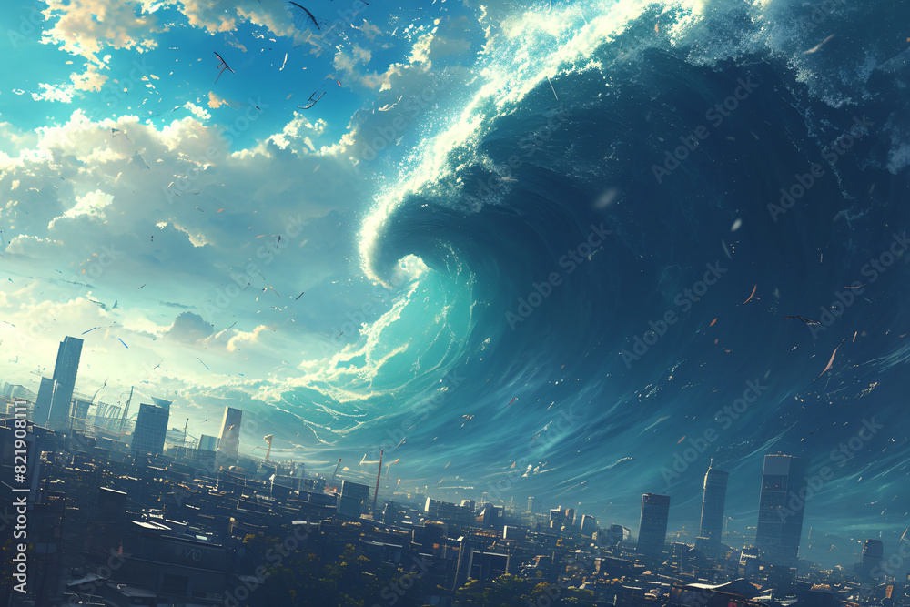 Huge tsunami wave destroying modern city. Great earthquake. Effect of ...