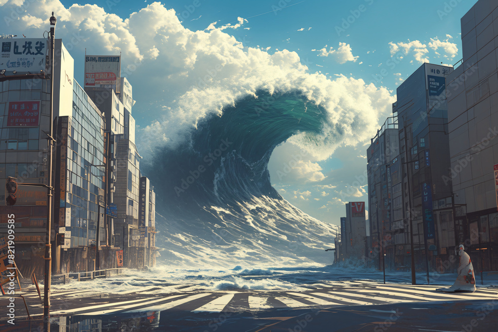 Huge tsunami wave destroying modern city. Great earthquake. Effect of ...