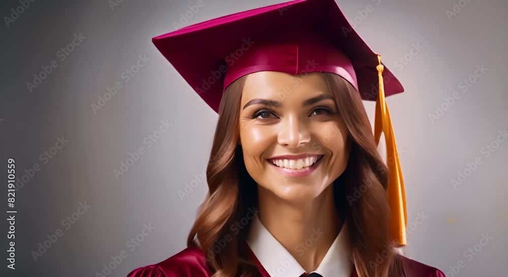 Graduation day, young woman with graduation cap and coat holding ...