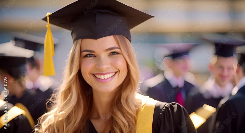 Graduation day, young woman with graduation cap and coat holding ...