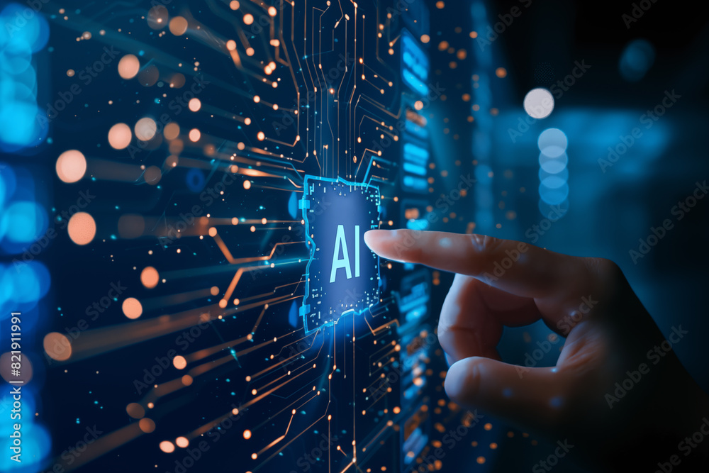 Hand touching AI chipset on digital interface. AI technology ...