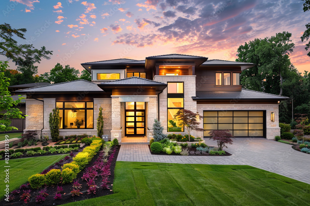 This stunning stock photo showcases a beautifully crafted modern house ...