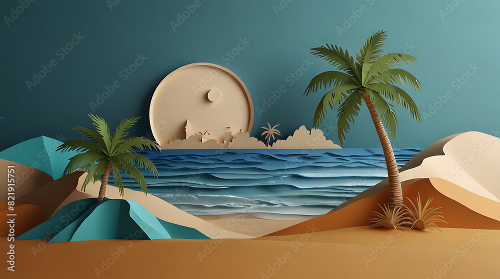 Paper art cut out of a tropical beach with blue ocean, palm tree, sand ...